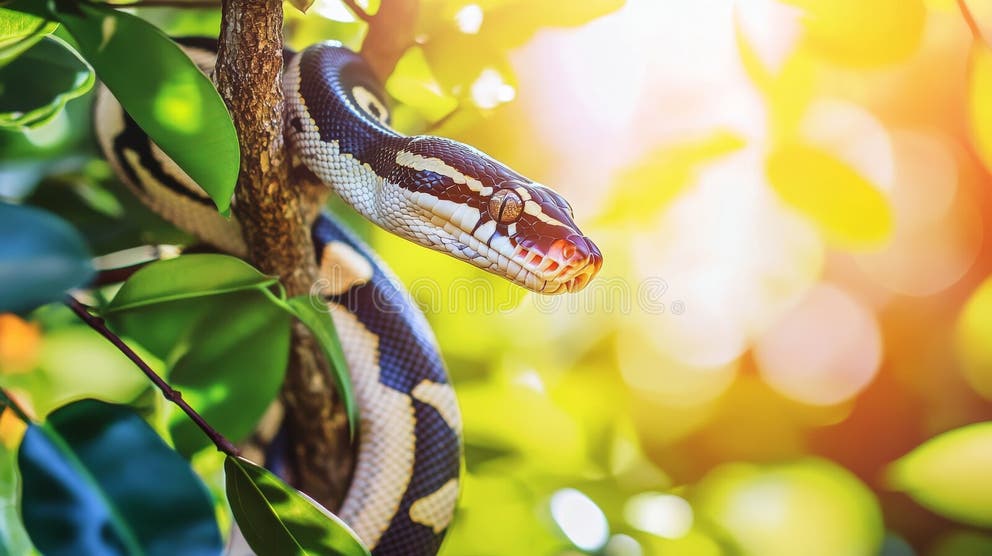 A Focused Image of a Snake Coiled on a Tree Limb, Set Against a Blurry ...