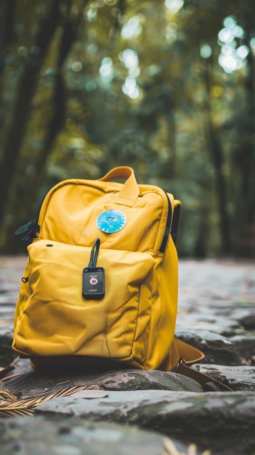 Focused Image of a Yellow Backpack with an Emergency Contact Device and ...