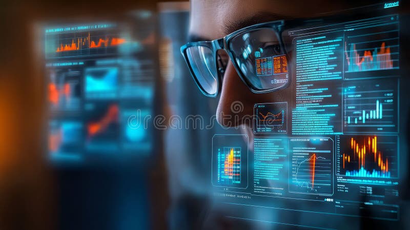 Focused Individual Analyzing Data on a Futuristic Display with Graphs ...