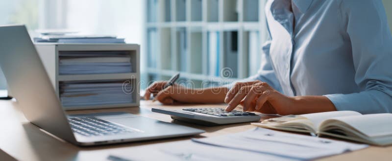 The Focused Individual Calculating Numbers at a Modern Office Workspace ...