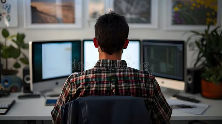 Focused Developer Immersed in Coding with Multi-monitor Setup in Modern ...