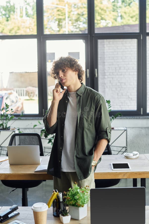 Focused Individual Engages in Conversation while Stock Image - Image of ...