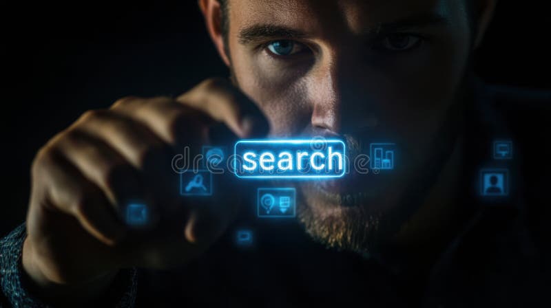 Focused Individual Engages with Digital Search Interface Showcasing ...