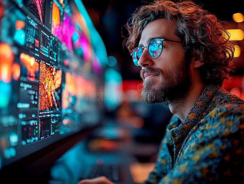 A Focused Individual in a Modern Office, Seated at a Desk with Multiple ...