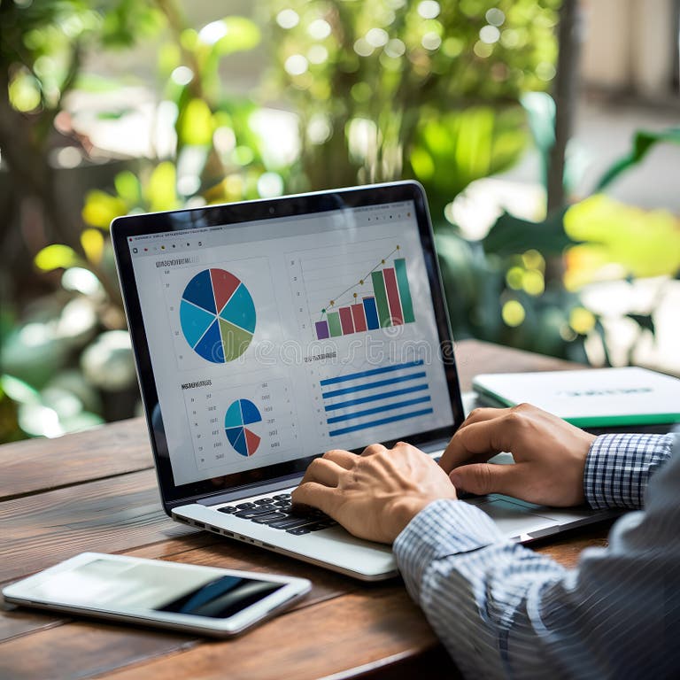 Focused Individual in Nature Setting, Analyzing Data on Laptop with ...