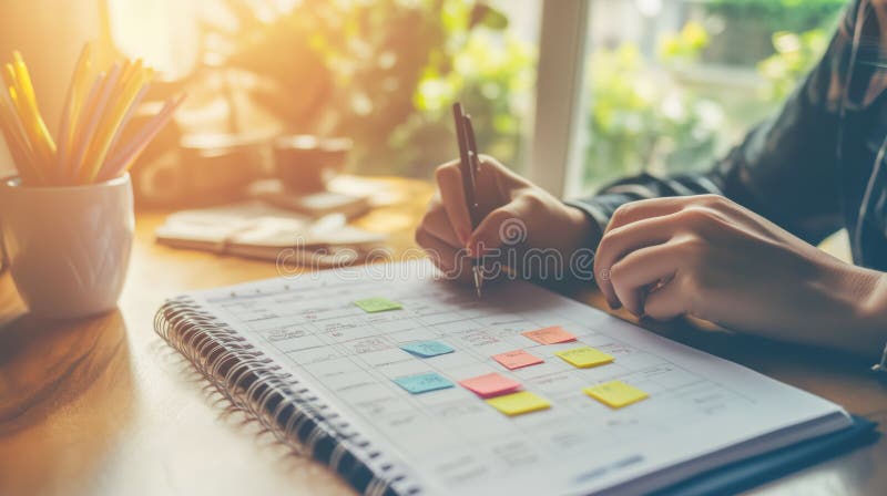 A Focused Individual Organizes Their Schedule Using Colorful Sticky ...