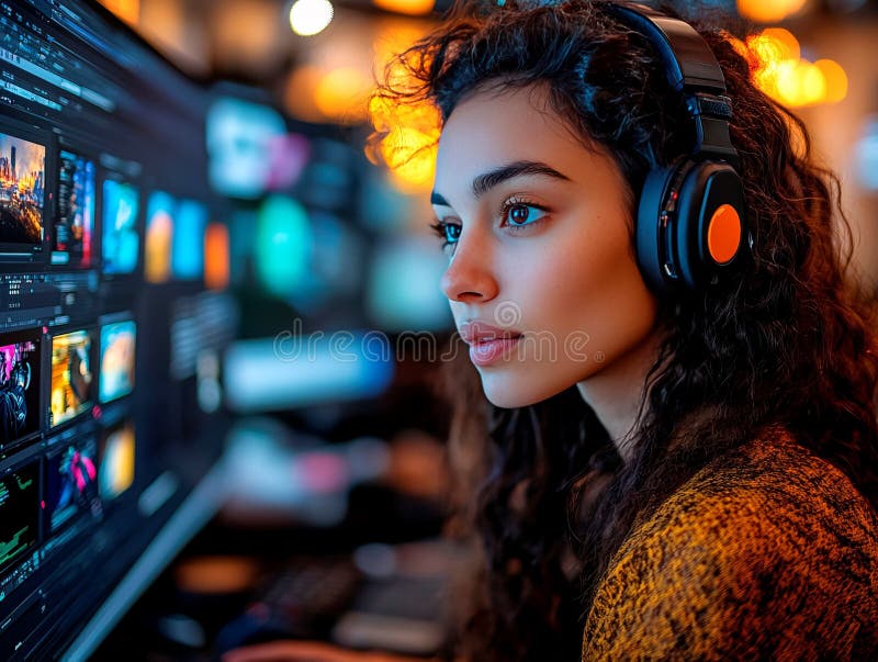 A Focused Individual at a Professional Workspace, Using Multiple ...