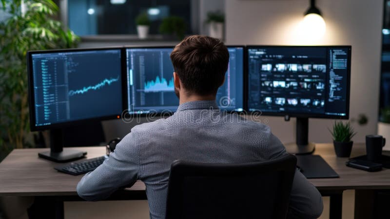 A Focused Individual is Reviewing Complex Financial Graphs and Charts ...