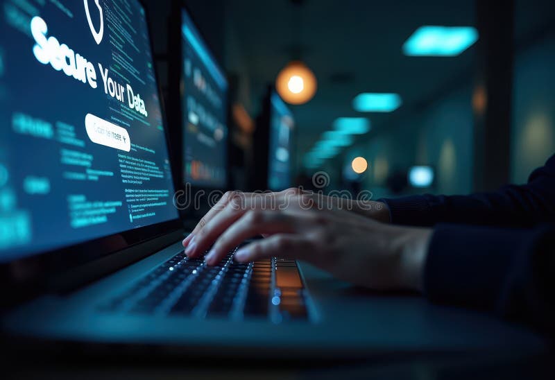 Person Typing on a Laptop with Data Analytics Display in a Dimly Lit ...