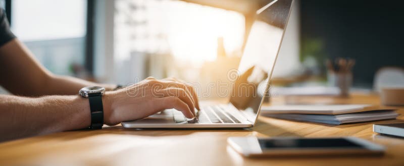 The Focused Individual Typing on a Laptop in a Bright Workspace..AI ...