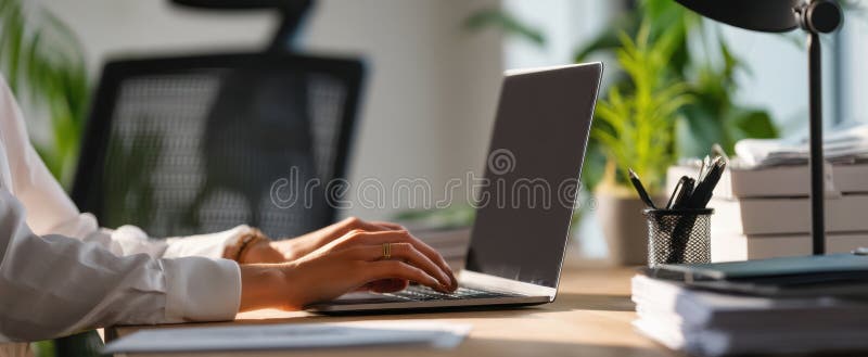 The Focused Individual Typing on a Laptop in a Modern Workspace..AI ...