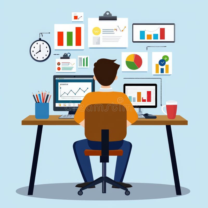 A Focused Individual Working at a Desk Surrounded by Digital Charts and ...