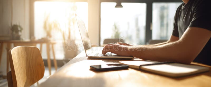 The Focused Individual Working on a Laptop in a Bright Home Office ...