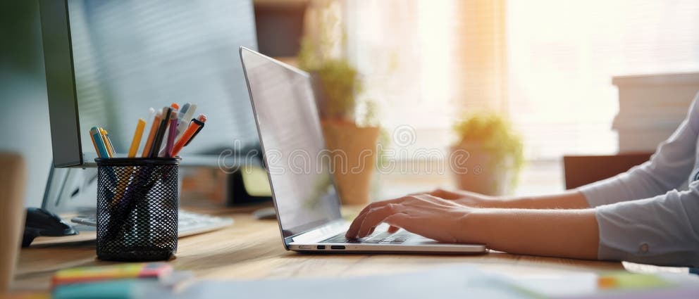The Focused Individual Working on a Laptop in a Modern Home Office ...
