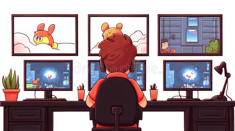 Focused Individual Working at a Modern Desk Surrounded by Two Computer ...