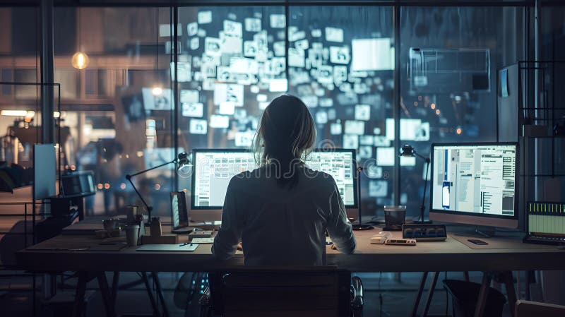 A Focused Individual Works at Multiple Computer Screens in a Modern ...
