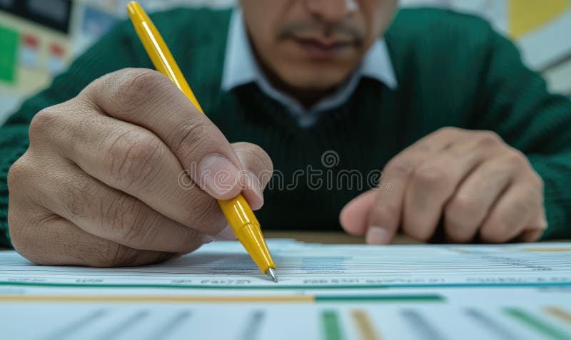 A Focused Individual Writes Notes with a Yellow Pen, Highlighting ...