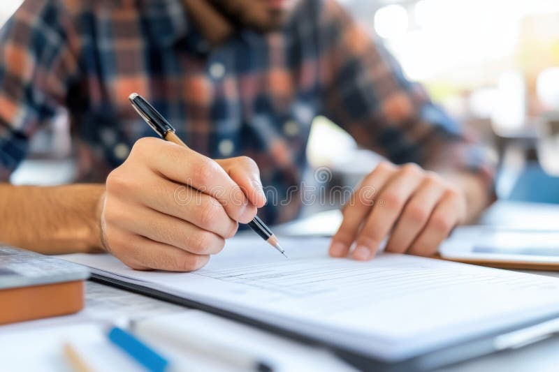 Focused Individual Writing on a Document in a Busy Office Setting Stock ...