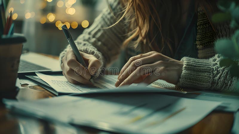 Focused Individual Writing in a Notebook by Soft Light. Academic or ...