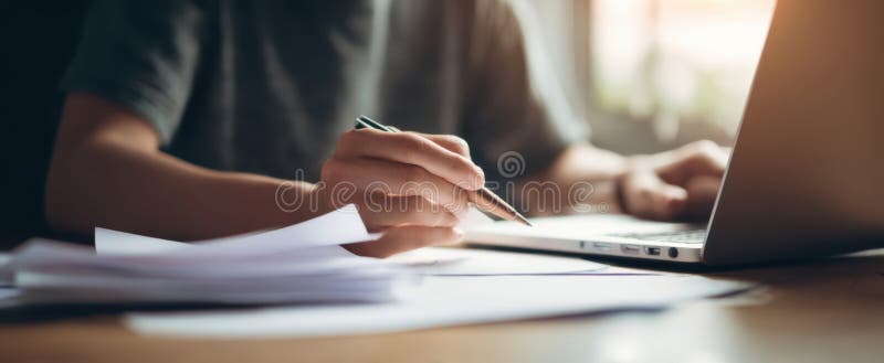 The Focused Individual Writing Notes while Using a Laptop in a Cozy ...
