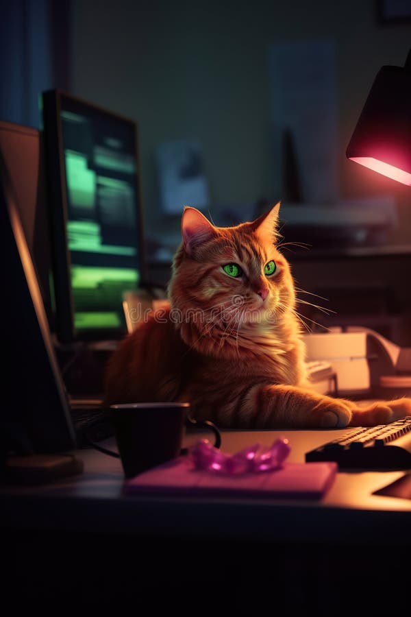 Focused Kitten Working at Home Office in Front of Computer. Cute Cat ...