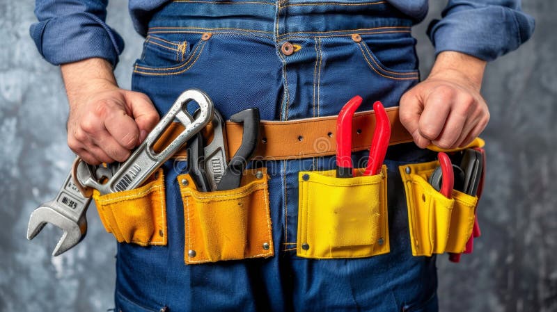 Focused Maintenance Worker with Tool Belt in Front of Rough Wall ...