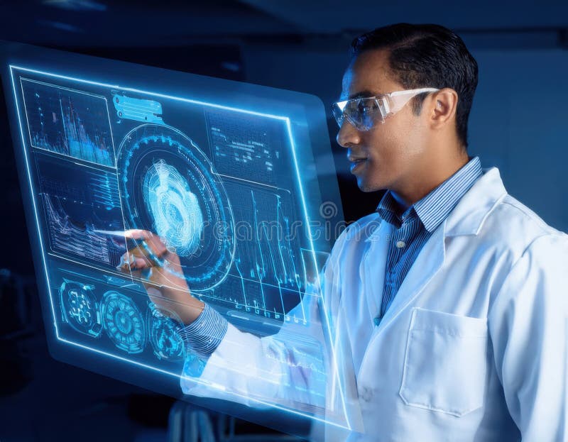 A Focused Male AI Researcher in a Lab Coat, Analyzing Machine Learning ...