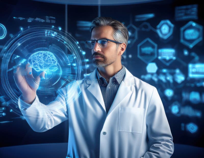 A Focused Male AI Researcher in a Lab Coat, Analyzing Machine Learning ...