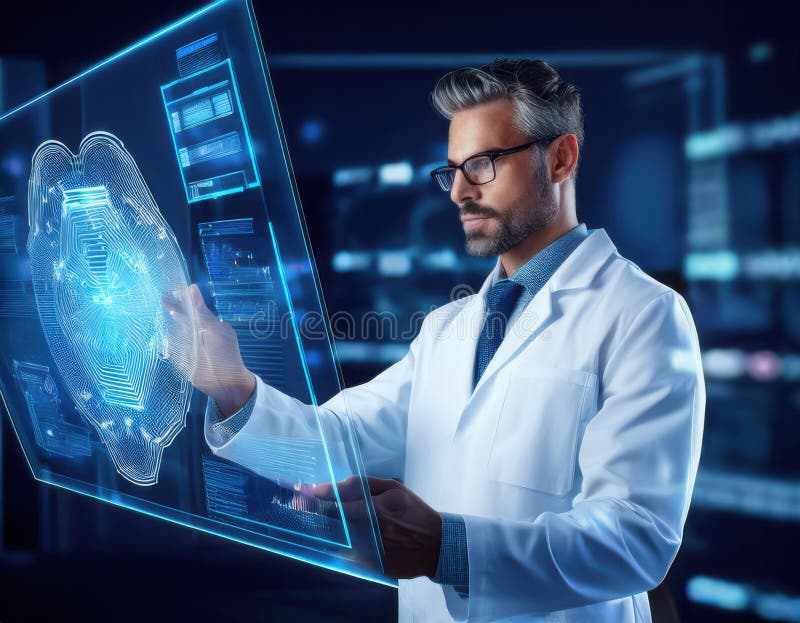 A Focused Male AI Researcher in a Lab Coat, Analyzing Machine Learning ...