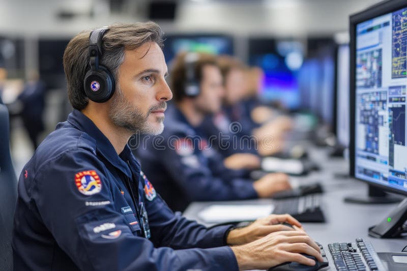 Focused Male Operator in Flight Control Room Wearing Headset with ...