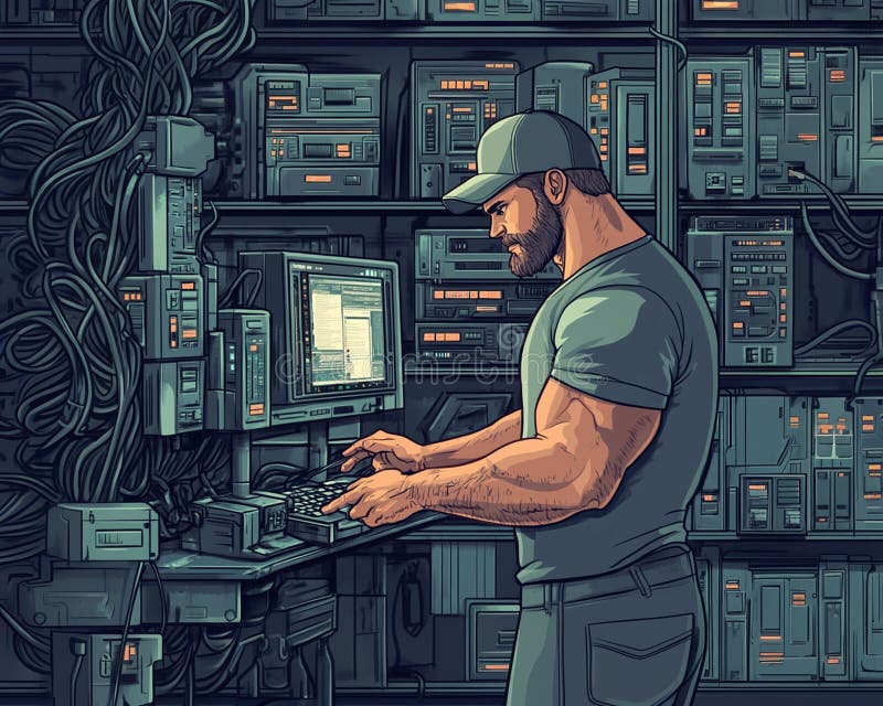 Focused Male Technician Working on a Computer in a Server Room. Stock ...