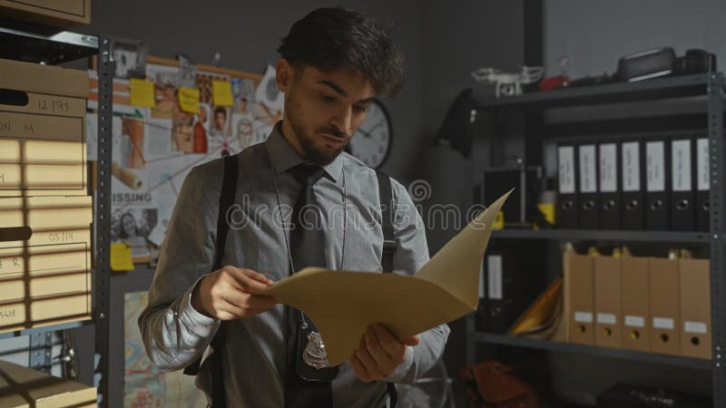 A Focused Man with a Beard Examines a Folder in a Cluttered Detective ...
