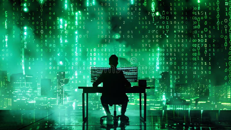 A Focused Man, Dressed in Black, Sits at a Modern Desk, Typing ...