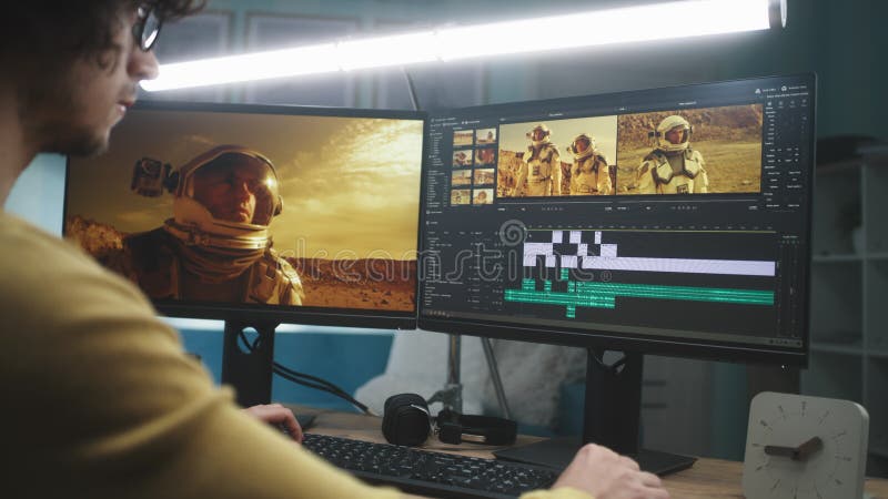 Focused Man Editing Astronaut Video Stock Video - Video of cosmonaut ...