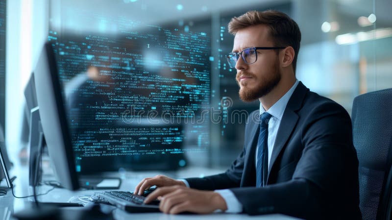 Focused Man in Formal Attire Programming on a Desktop Computer with Data Code Around. Represents ...