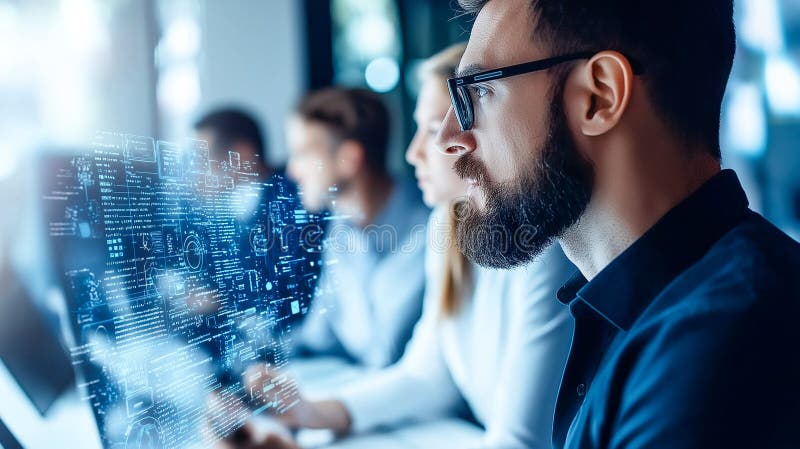 Focused Man with Glasses Works on Computer Surrounded by Colleagues ...