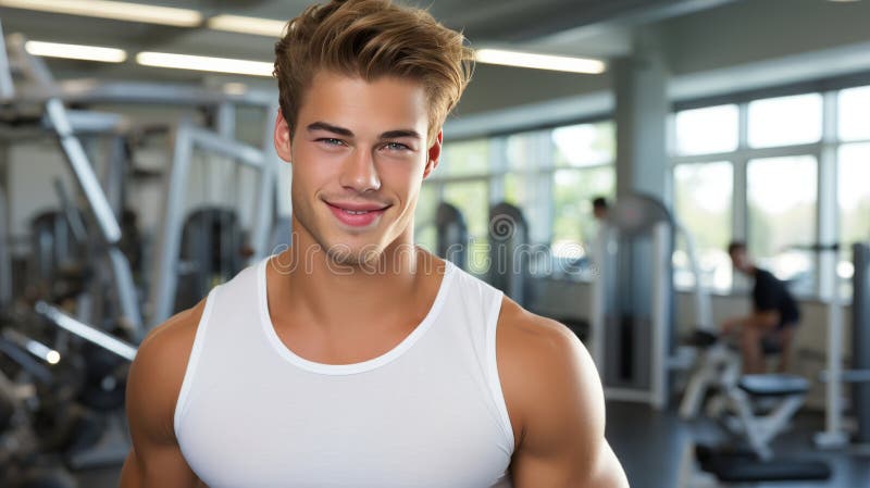 Focused Man in Gym Making Eye Contact, Blurred Background Enhancing Gym ...