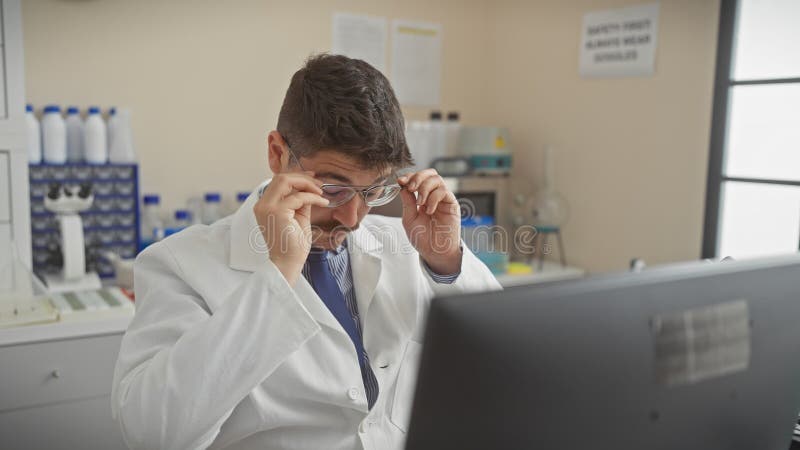 A Focused Man in a Lab Coat Adjusting His Glasses while Working on a ...
