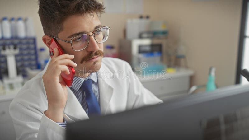 A Focused Man in a Lab Coat Talks on a Red Phone while Using a Computer ...