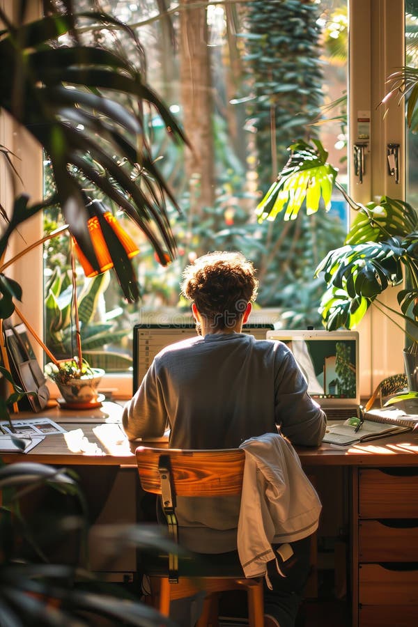 Focused Man at Modern Desk with Cityscape Reflection on Laptop Screen ...