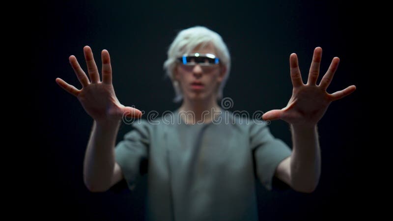 Focused Man Moving Rotating Virtual Objects. Vr Glasses Student Zoom ...