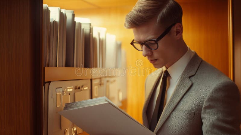 Focused Man in Patterned Suit Examines Documents in Office Filing ...