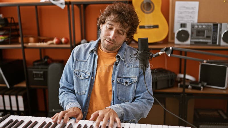 A Focused Man Playing Keyboard in a Music Studio with Microphone and ...
