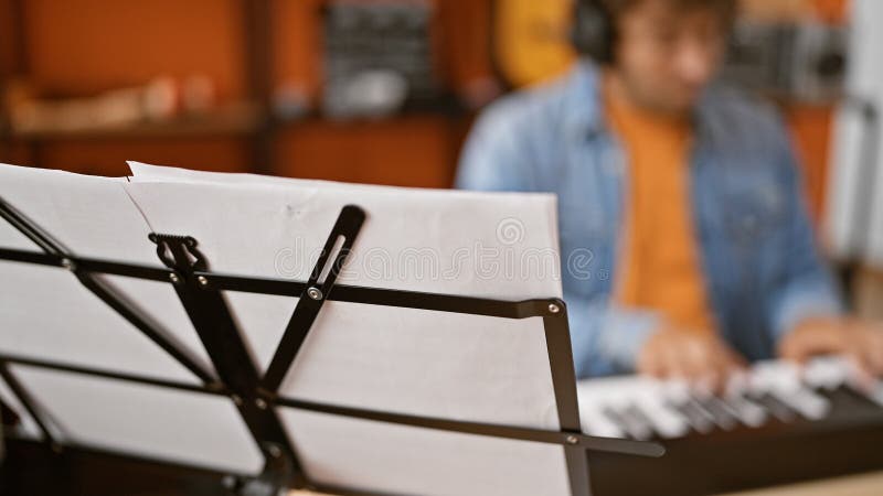 A Focused Man Playing a Keyboard in a Music Studio, with Sheet Music in ...