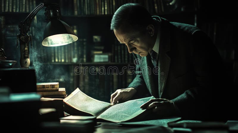Focused Man Reading Book in Dark Study Stock Illustration ...