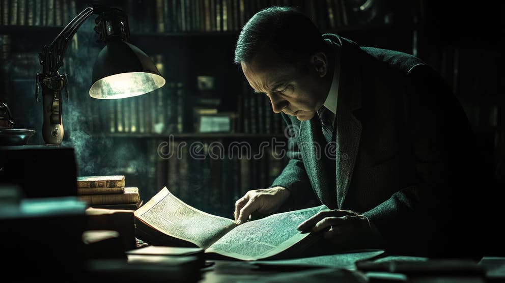 Focused Man Reading Book in Dark Study Stock Illustration ...