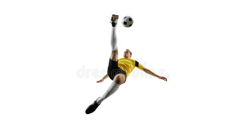 Focused Man, Soccer Player Executing Overhead Kick, Dynamically Kicking ...