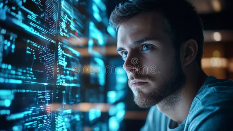Focused Man Stares at Bright Blue Computer Code on Multiple Screens in ...