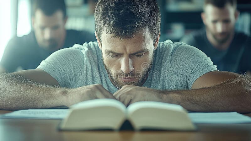Focused Man Studying Reading Book Intense Concentration Serious Student ...