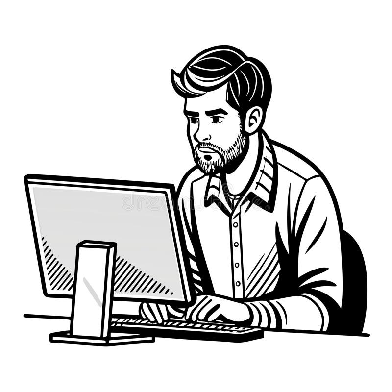 Focused Man Typing on Computer for Remote Work Illustration for Digital ...